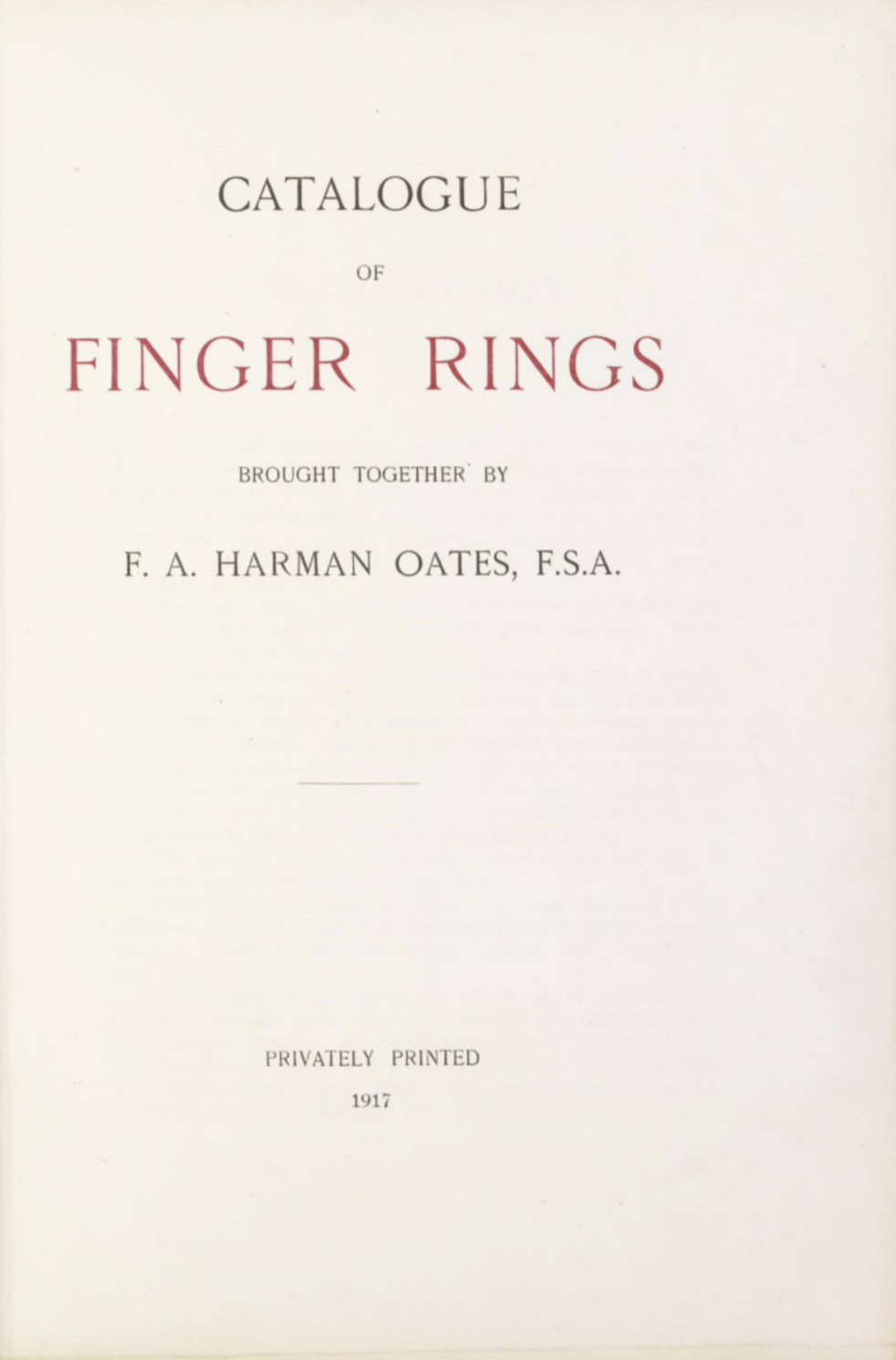 Frederick Arthur Harman Oates Catalogue Of Finger Rings (1917)